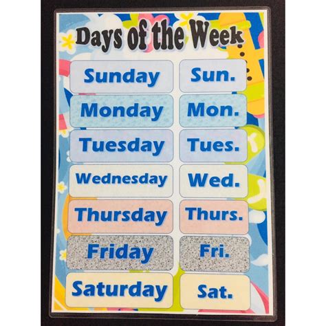Educational Laminated Days Of The Week Chart A4 Size Shopee Philippines