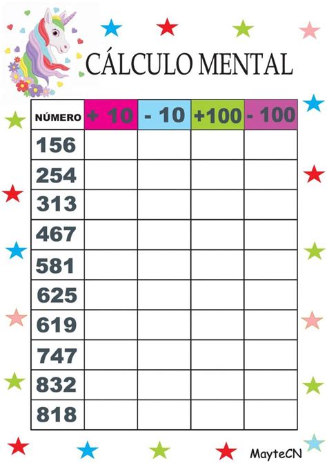 Ejercicio de Cálculo mental sumar y restar 10 y 100 Kids math
