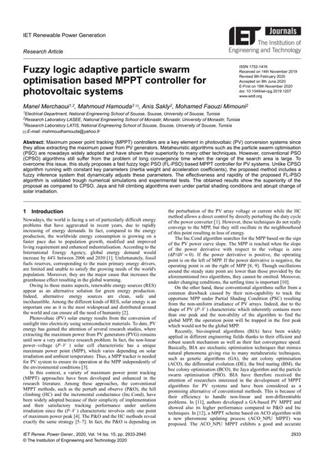 pdf a fuzzy logic adaptive particle swarm optimization based mppt controller for photovoltaic