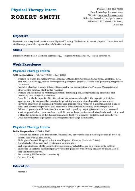 Physical Therapy Intern Resume Samples QwikResume