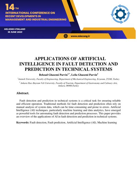 pdf applications of artificial intelligence in fault detection and prediction in technical systems