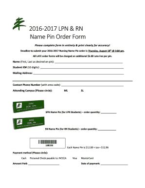 Fillable Online 2016 2017 LPN RN Name Pin Order Form Fax Email Print