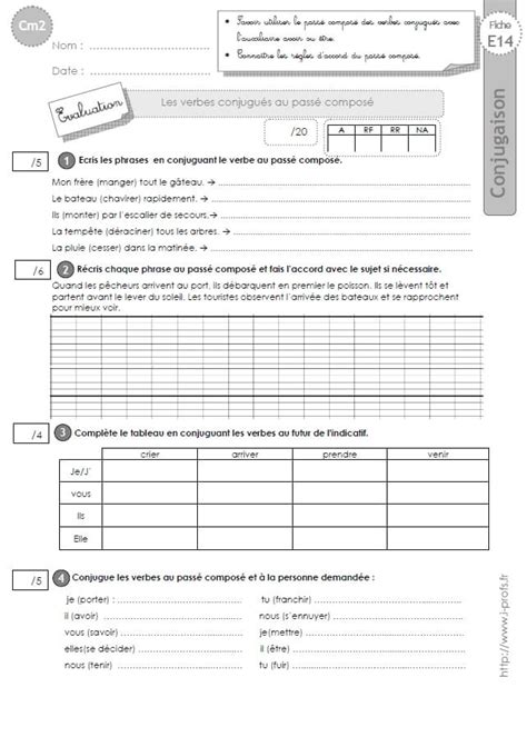 CM2 EVALUATION CONJUGAISON corrigés Le passé composé