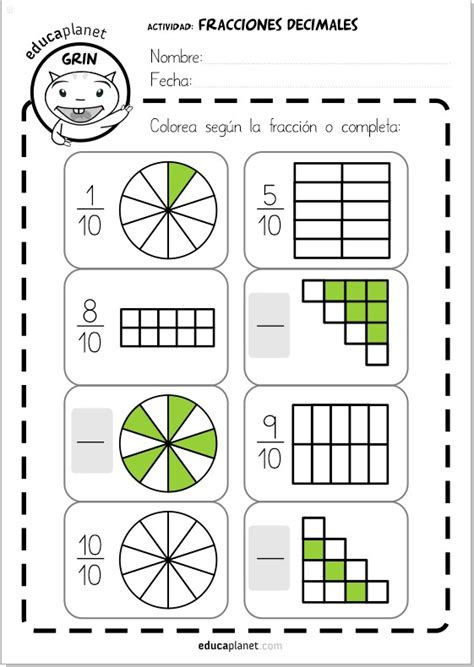 Fracciones decimales ejercicios de matemáticas Primaria GRATIS