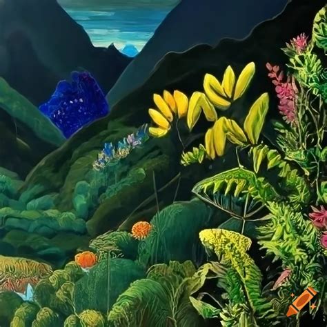 Intricate Mountain Valley With Forest And River By Gauguin On Craiyon