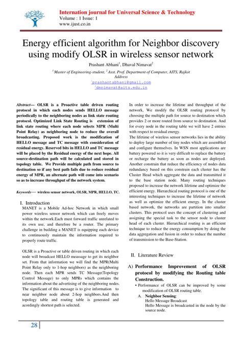 pdf energy efficient algorithm for neighbor discovery using modify olsr in wireless sensor network