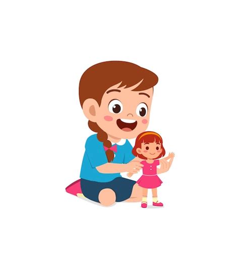Jolie Petite Fille Joue Avec Une Jolie Poupée Vecteur Premium