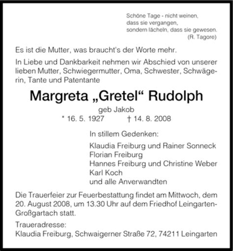 Traueranzeigen Von Margreta Rudolph Trauer HNA De