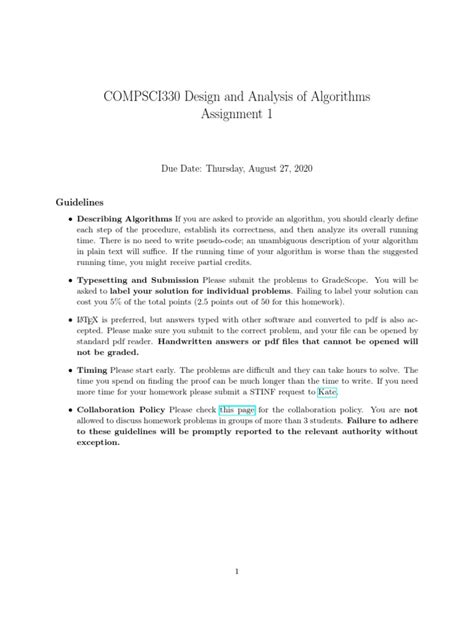 compsci330 design and analysis of algorithms assignment 1 due date thursday august 27 2020