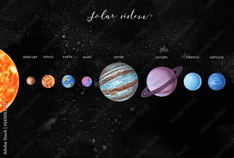 Solar System Planets Isolated On Starry Night Sky Watercolor