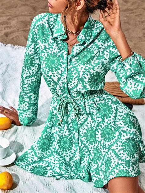 SHEIN VCAY Vestido Camisero Al Azar Con Estampado De Manga Farol Con