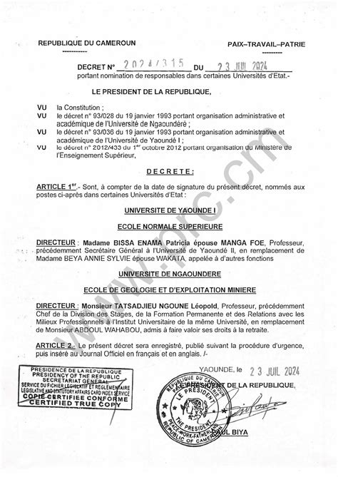 Décret N2024 315 du 23 juillet 2024 portant nomination de responsables