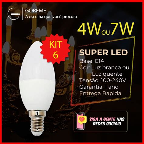 Kit 6 Lâmpada led para Lustre Vela Fosca 4W 7W E14 Decoração Bivolt