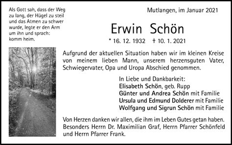 Traueranzeigen von Erwin Schön OstalbTrauer