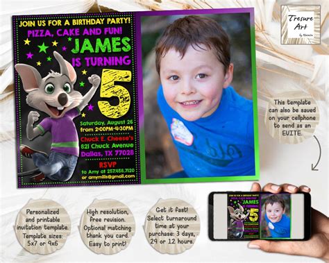 Chuck E Cheese Birthday Invitation I Birthday Party Photo Invite I