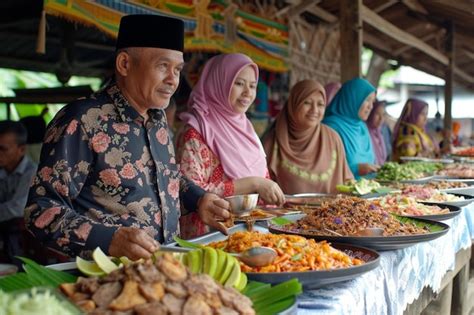 Premium Photo A Group Of People Standing Around A Table Full Of Food