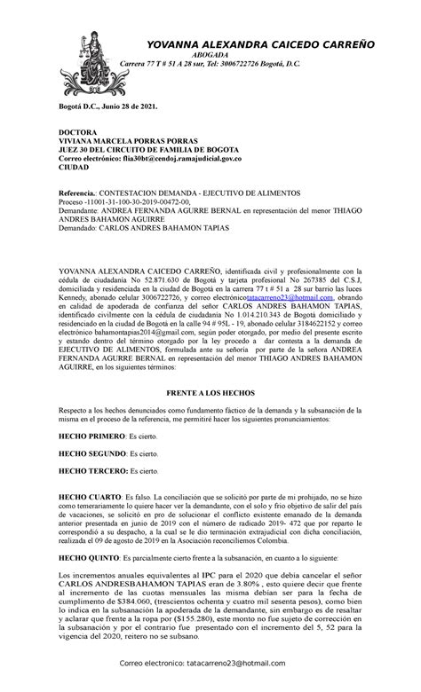 Contestacion Demanda Ejecutivo De Alimentos 2019 472 ABOGADA Carrera