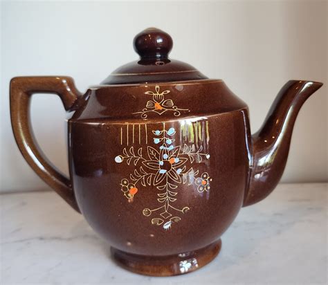 Vintage Teapot Hand Painted Redware Brown Betty Teapot Boho Etsy