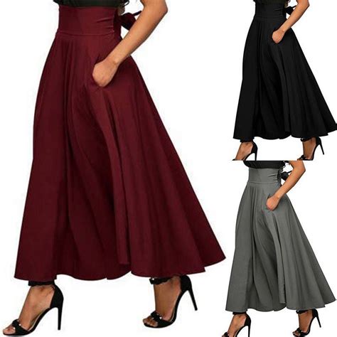 Vintage Women Stretch High Waist Plain Skater Flared Pleated Long Skirt