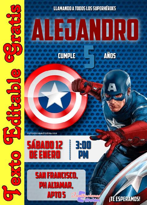 Invitación de Capitán América 01 Gratis Invitaciones Editables 2022