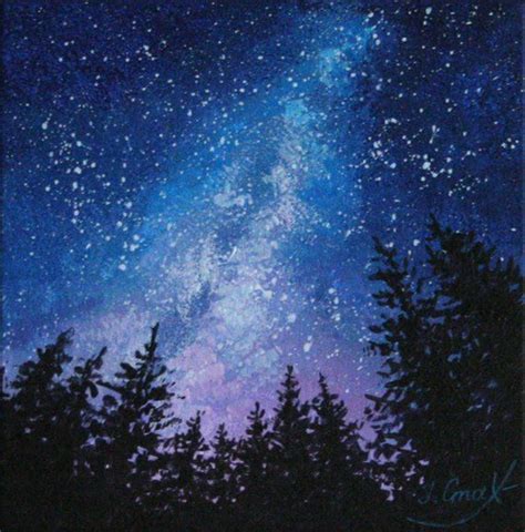 The Night Sky With Stars And Trees Painted On Canvases As Well As