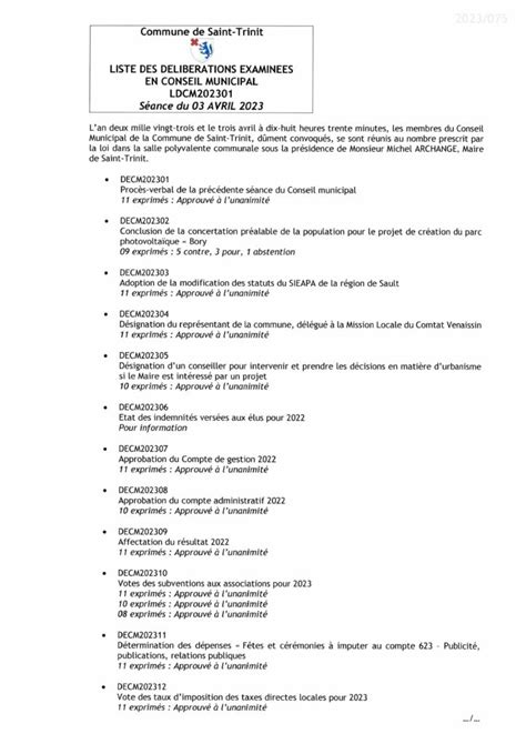 Liste des délibérations examinées en séance du 03 04 2023 COMMUNE DE