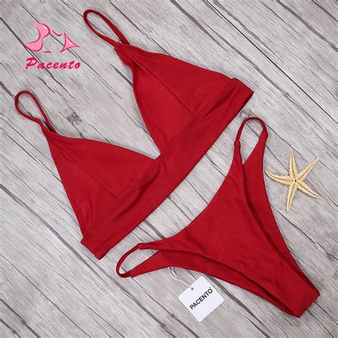 Pacento Solid Bikini 2017 Blue Red Swimwear Women Sling Swimsuit Sexy