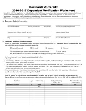 Fillable Online Reinhardt Reinhardt University 2016 2017 Dependent