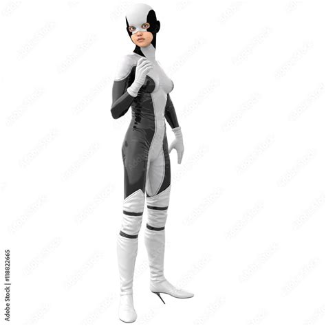 One Slim Girl In Black And White Superhero Super Suit She Stands Half Turned Sideways To The