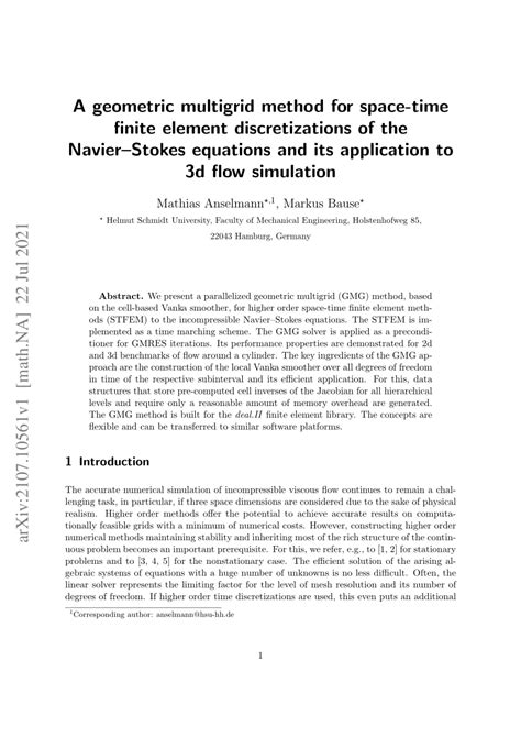 pdf a geometric multigrid method for space time finite element discretizations of the navier