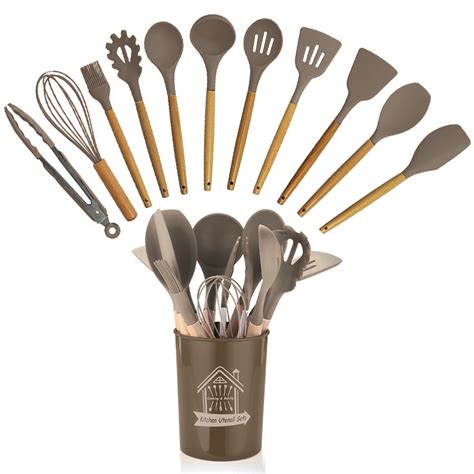Kit Utens Lios Cozinha Silicone Refor Ado Colheres Cabo De Madeira