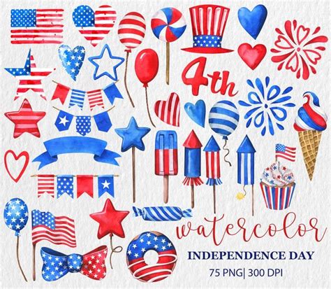 Watercolor 4th July Clipart Independence Day Clipart Patriotic Color