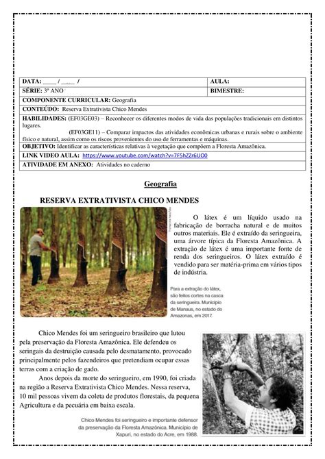3º ano plano de aula e atividades de geografia RESERVA EXTRATIVISTA