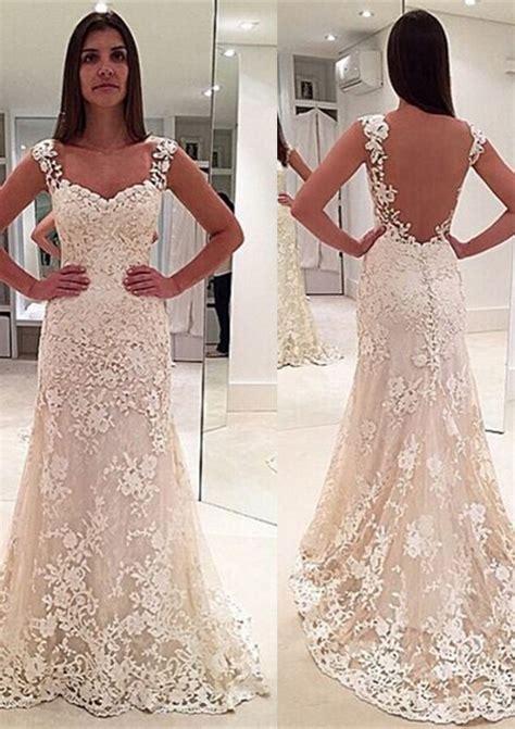 Sleeveless Sweetheart Sweep Train Sheath Column Lace Wedding Dress With