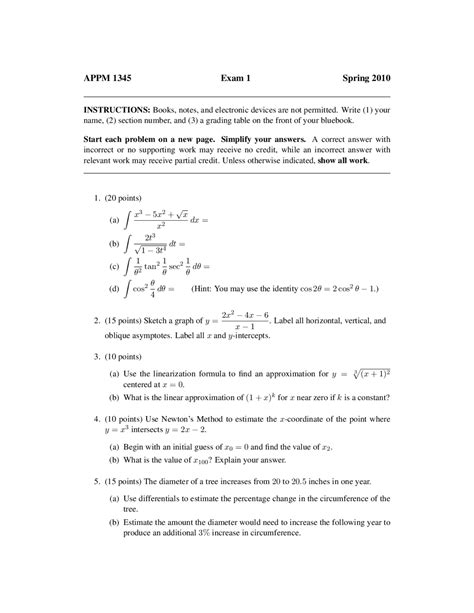 7 solved problems on approximation of linearization exam 1 appm 1345 docsity