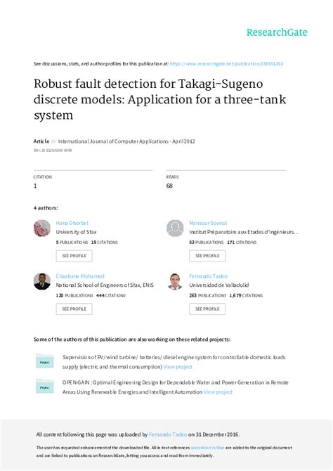 pdf robust fault detection for takagi sugeno discrete models application for a three tank