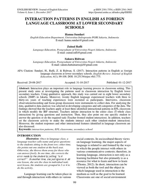 interaction patterns in english as foreign language classroom at lower secondary schools pdf