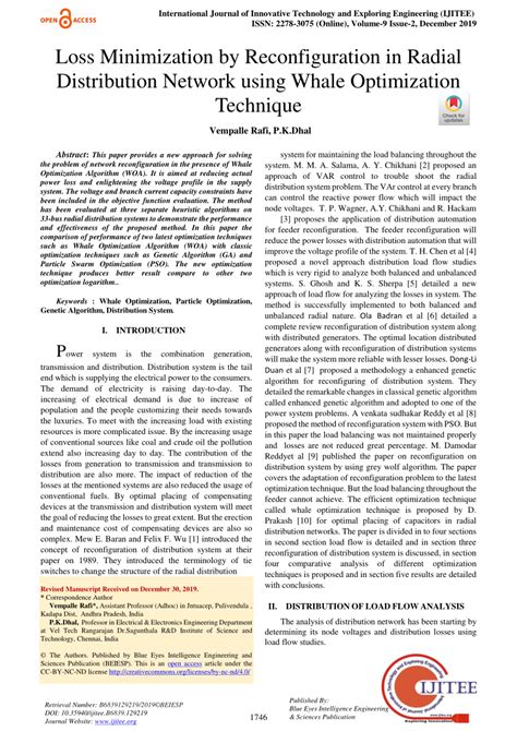 pdf loss minimization by reconfiguration in radial distribution network using whale