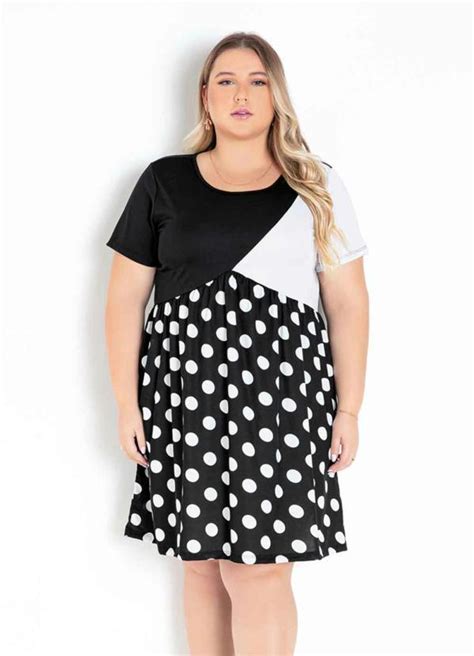 Vestido Poá Mangas Curtas Plus Size Queima de Estoque