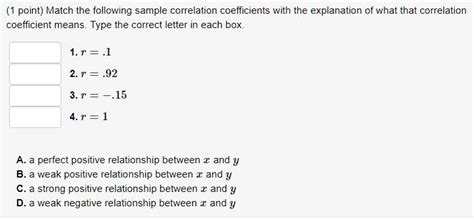 solved point match the following sample correlation coefficients with the explanation of what