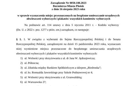 Zarządzenie Burmistrza Miasta Płońsk w sprawie wyznaczenia miejsc