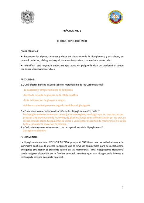 P3 Practica PRCTICA No 3 CHOQUE HIPOGLUC COMPETENCIAS