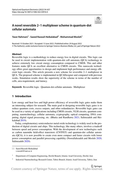 a novel reversible 2 1 multiplexer scheme in quantum dot cellular automata request pdf