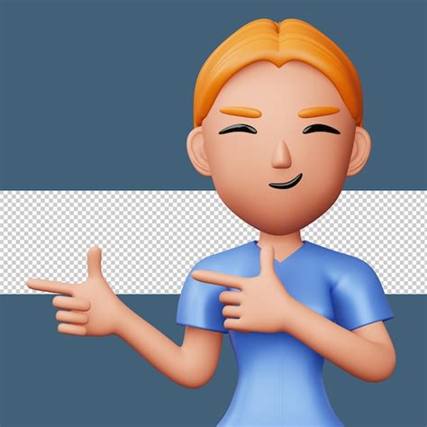 Mulher animada feliz apontando para o lado renderização 3d de