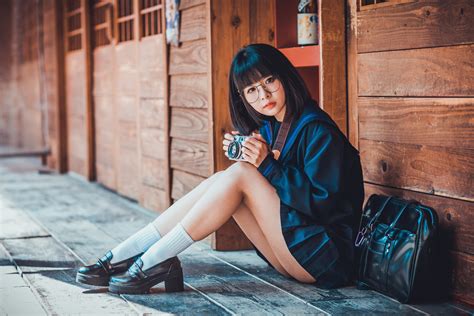 Asian Model Women Long Hair Dark Hair Sitting Camera Wallpaper