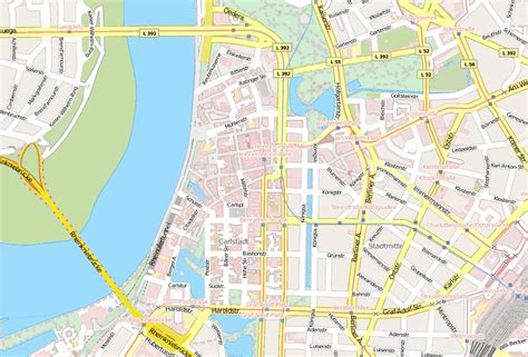Innenstadt Stadtplan mit Satellitenfoto und Unterkünften von Düsseldorf