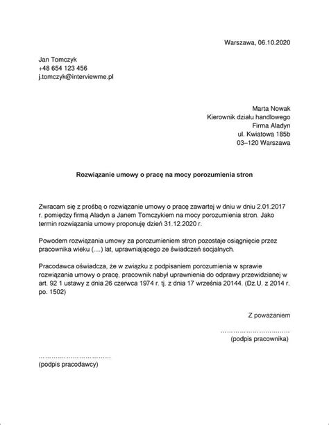 Rozwi Zanie Umowy O Prac Za Porozumieniem Stron Wz R
