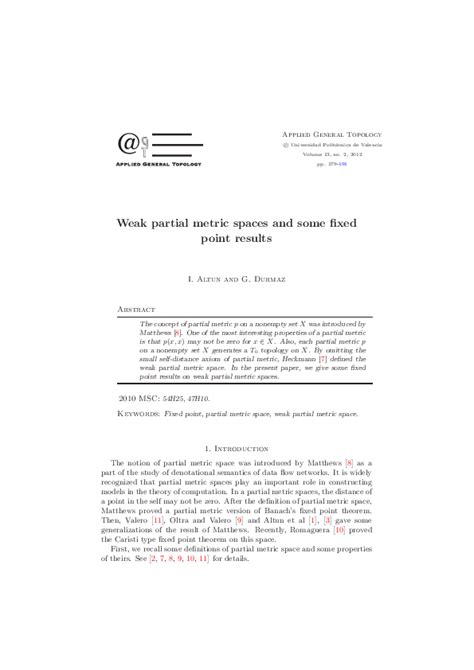pdf weak partial metric spaces and some fixed point results gonca durmaz