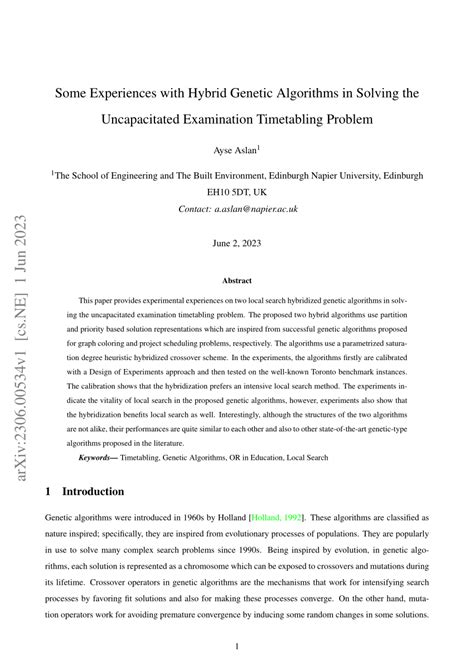 pdf some experiences with hybrid genetic algorithms in solving the uncapacitated examination