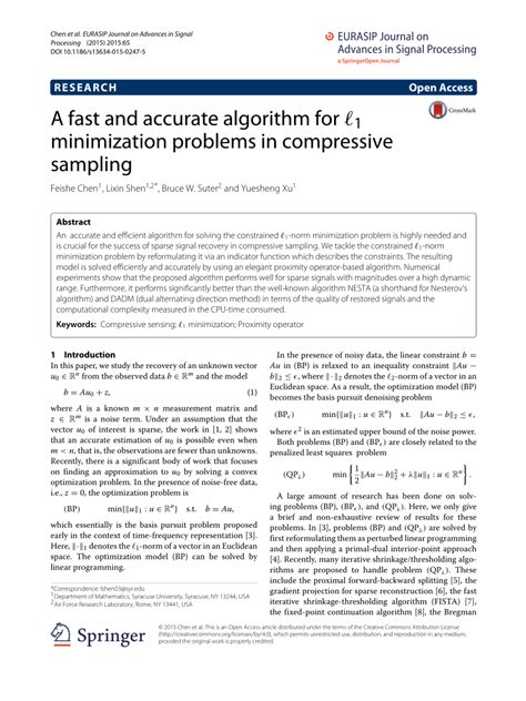 pdf a fast and accurate algorithm for ℓ 1 minimization problems in compressive sampling